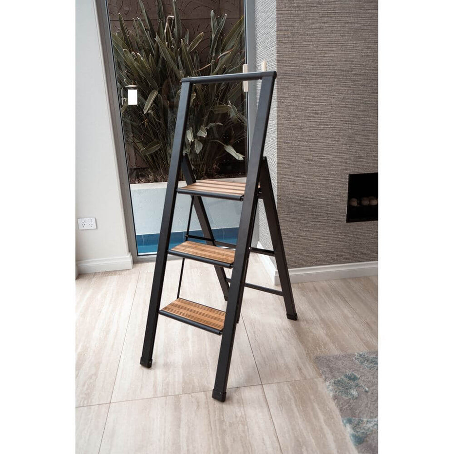 Alu Design 3 Step Aluminium Step Ladder Black & Bamboo | – Soko & Co