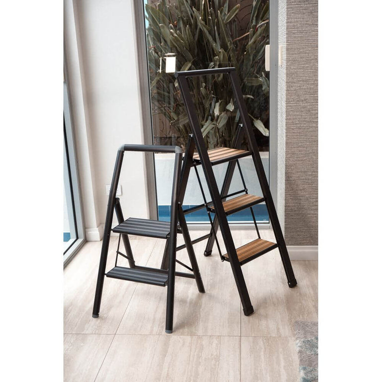 Alu Design 3 Step Aluminium Step Ladder Black & Bamboo | – Soko & Co